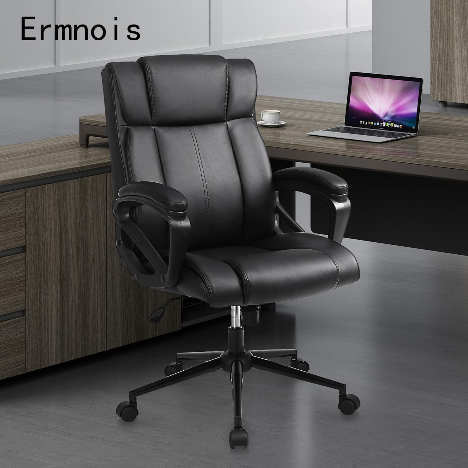 Ermnois Executive Office Chair, Ergonomic Home Office Desk Chair with Wheels, Thicken Armrest and Lumbar Support, Upholstered Leather Mid-Back Computer Gaming Chair with Tilt Function, Black