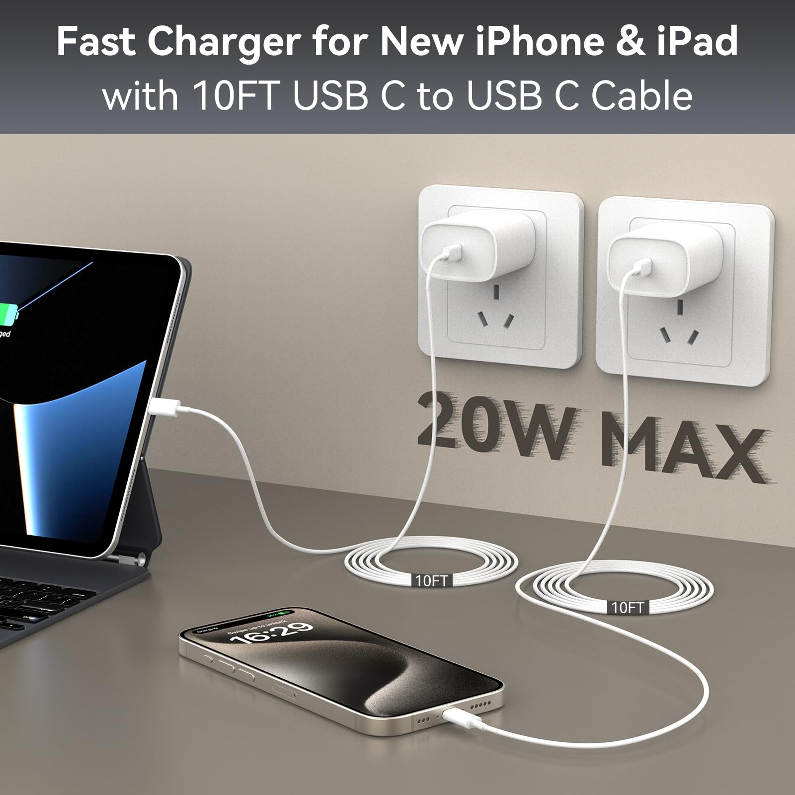 iPhone 15 Pro Max Charger Fast Charging, 10FT Long USB C Charger Cable Cord with 20W iPhone 15 Fast Charger Block Wall Charger for iPhone 15 Pro/15 Pro Max/15 Plus,iPad Pro 12.9/11 Inch,iPad Air 5