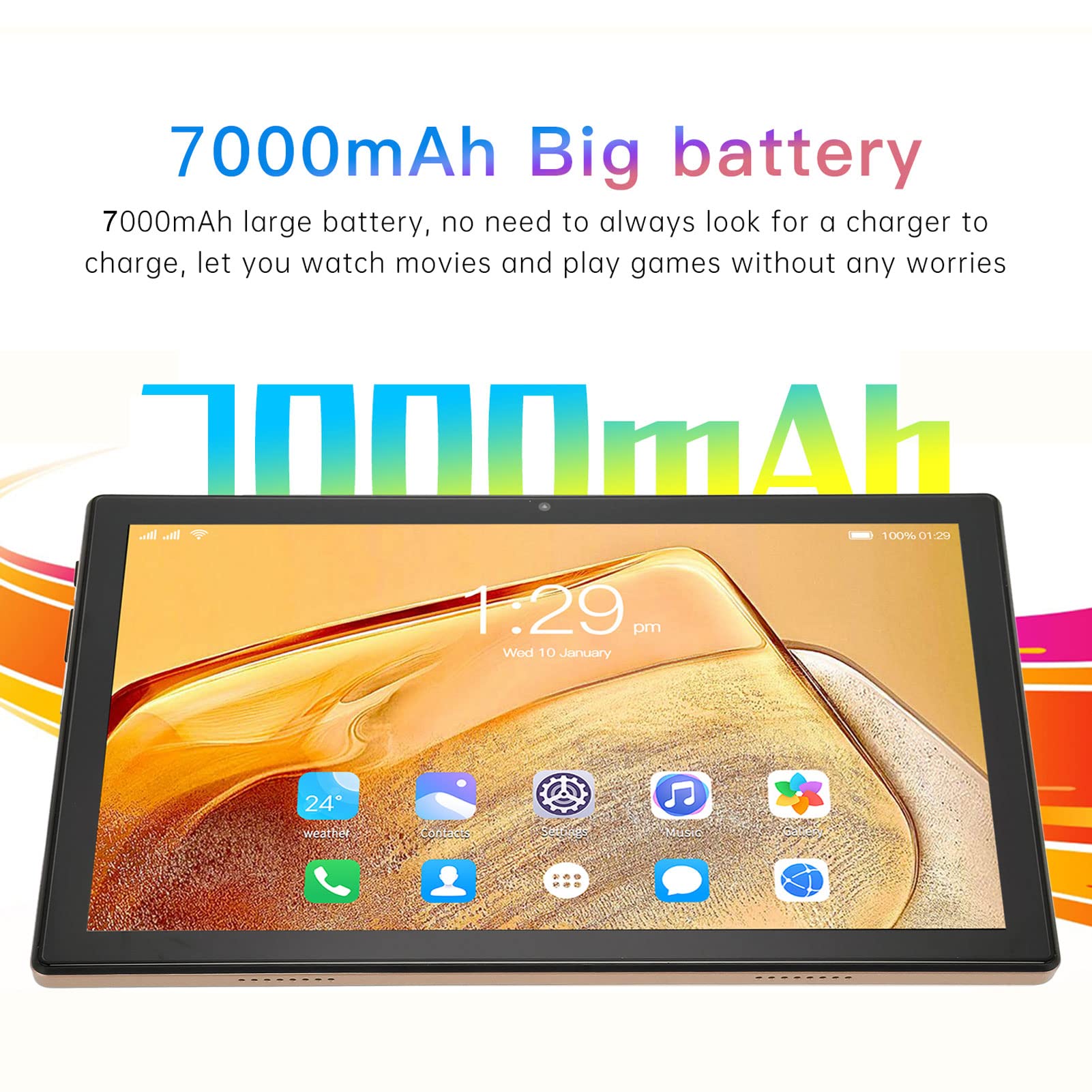 Alvinlite 10" Android Tablet, 7000mah 8 Core 5G WiFi Capacitor Screen 5 Points Touch, 6GB 256GB ROM Dual SIM Dual Speaker, Callable Android 11 Tablet 100‑240V(Gold)