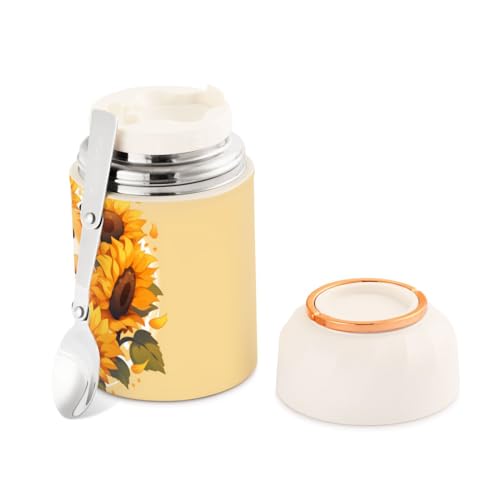 Sunflower Yellow Kids Womens Insulated Food Jar Containers with Spoon 17oz/500ml Container To Keep Food Hot Stainless Steel Vacuum Wide Mouth Lunch Boxes for Lunch Accessories