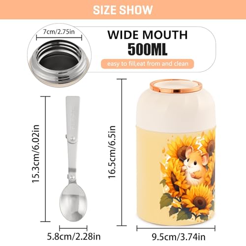 Sunflower Yellow Kids Womens Insulated Food Jar Containers with Spoon 17oz/500ml Container To Keep Food Hot Stainless Steel Vacuum Wide Mouth Lunch Boxes for Lunch Accessories