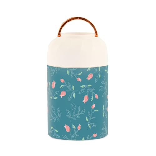 Cute Pink Floral Retro Blue Kids Womens Insulated Food Jar Container with Spoon 17oz/500ml Soup Containers With Lids Stainless Steel Vacuum Wide Mouth Food Storage for Short Travel