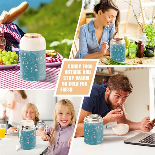 Cute Pink Floral Retro Blue Kids Womens Insulated Food Jar Container with Spoon 17oz/500ml Soup Containers With Lids Stainless Steel Vacuum Wide Mouth Food Storage for Short Travel