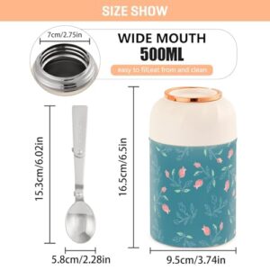 Cute Pink Floral Retro Blue Kids Womens Insulated Food Jar Container with Spoon 17oz/500ml Soup Containers With Lids Stainless Steel Vacuum Wide Mouth Food Storage for Short Travel