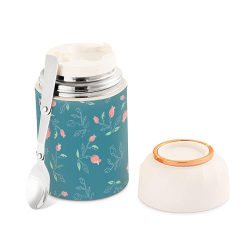 Cute Pink Floral Retro Blue Kids Womens Insulated Food Jar Container with Spoon 17oz/500ml Soup Containers With Lids Stainless Steel Vacuum Wide Mouth Food Storage for Short Travel