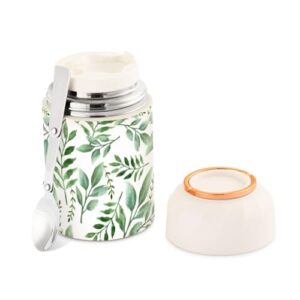 Watercolor Green Leafs Kids Womens Insulated Food Jar Containers with Spoon 17oz/500ml Insulated Lunch Containers Stainless Steel Vacuum Food Warmer Storage Containers for Hot/Cold Food