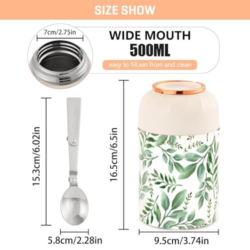 Watercolor Green Leafs Kids Womens Insulated Food Jar Containers with Spoon 17oz/500ml Insulated Lunch Containers Stainless Steel Vacuum Food Warmer Storage Containers for Hot/Cold Food