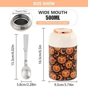 Orange Haloween Pumpkins Kids Womens Food Insulated Jar with Spoon 17oz/500ml Containers For Hot Food Stainless Steel Vacuum Leakproof Soup Containers for Office Accessories