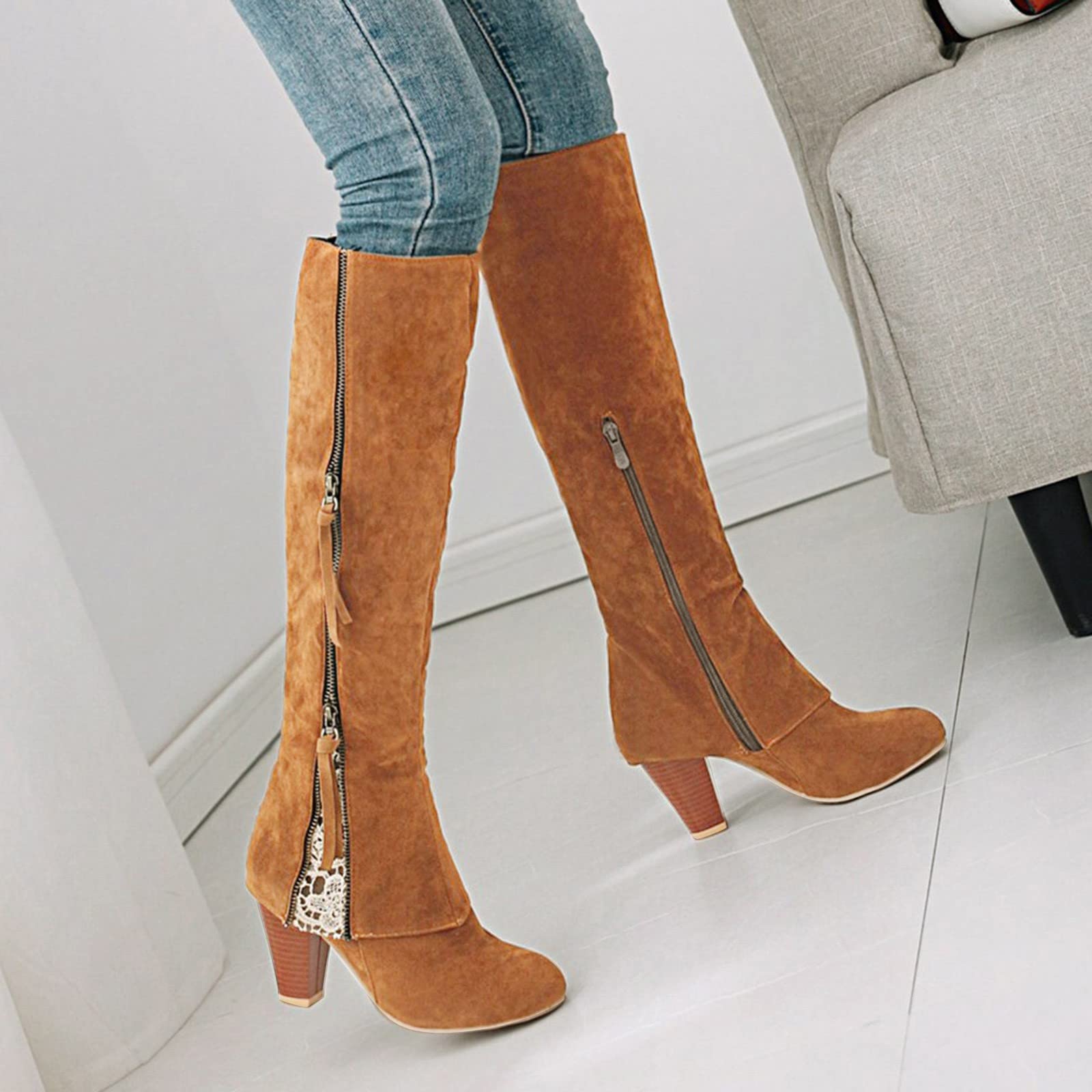 Boots for Women Knee High,Winter Thick High Heels Round Head Side Zipper Fashion Handsome Retro High Knee High Boots