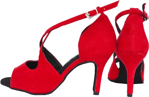 Womens Professional Latin Heels Salsa Body Strap Ballroom Pumps Jazz Heeled Tango Chacha Peep Toe Bachata Shoes7.5CM Heeled SOFE Sole Custom Heel Red US 11