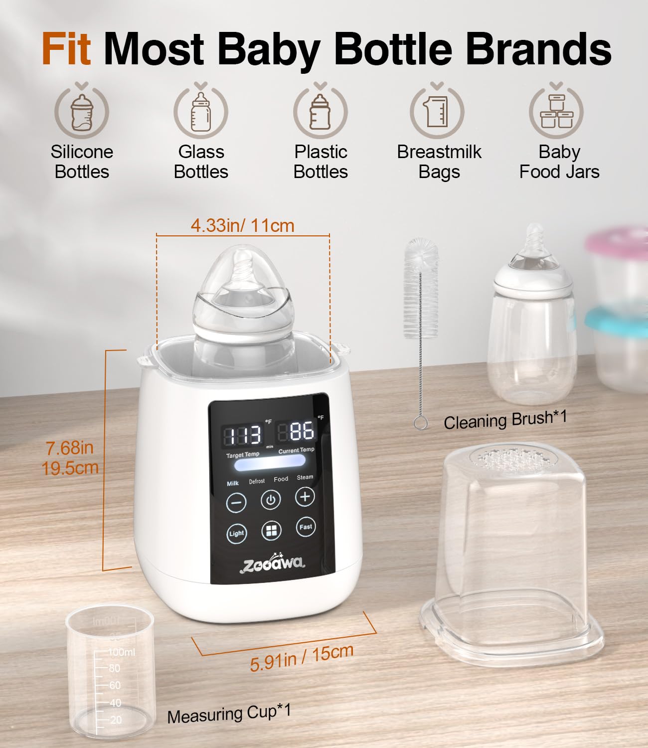 Bottle Warmer, Zooawa Fast Baby Bottle Warmer for Most Bottles, 10-in-1 Baby Milk Warmer with IMD LED Display & Smart Temperature Control, Bottle Warmers for Breastmilk and Formula, White