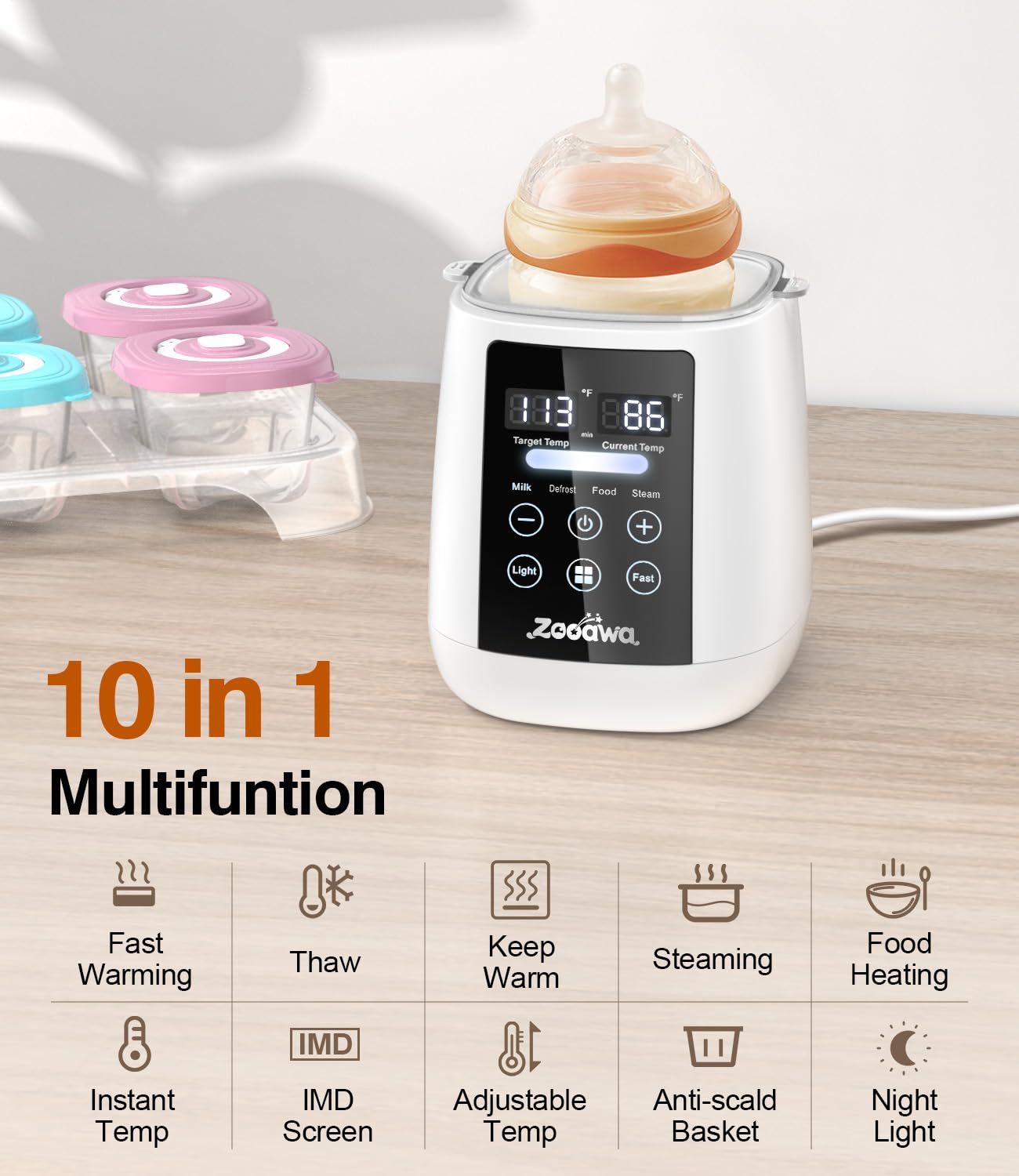 Bottle Warmer, Zooawa Fast Baby Bottle Warmer for Most Bottles, 10-in-1 Baby Milk Warmer with IMD LED Display & Smart Temperature Control, Bottle Warmers for Breastmilk and Formula, White