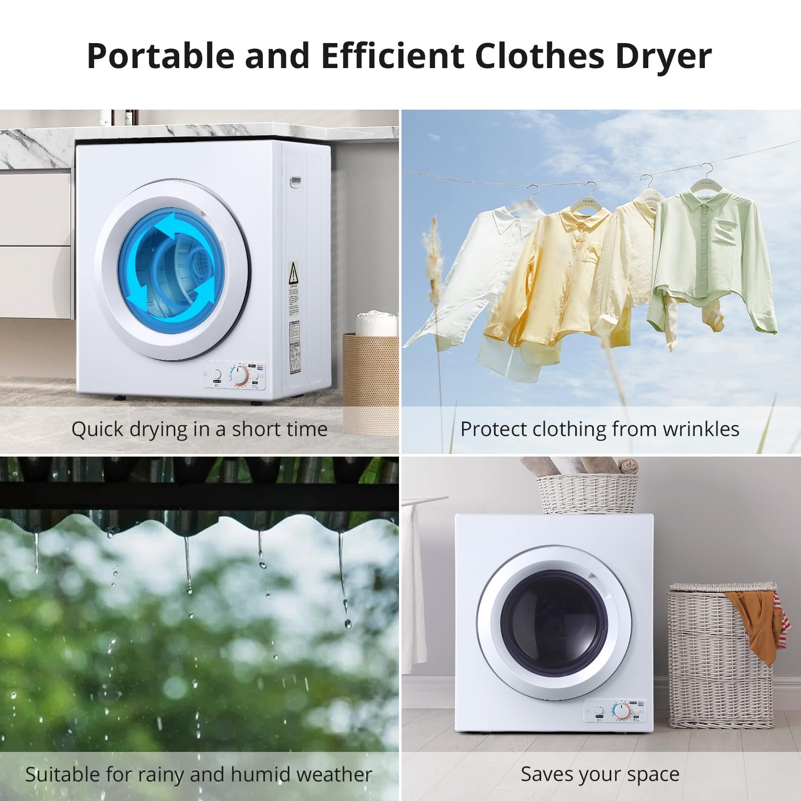 SXYCMY Portable Clothes Dryer, Laundry Dryer Machine 2.65 cu. ft. Compact Dryers, 1400W Front Load Tumble Stainless Steel Electric Dryers Machine with Stainless Steel Tub & Easy Control Knob, 110V