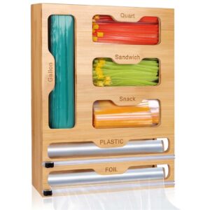 heropie 6 in1 bamboo foil and plastic wrap dispenser with cutter for kitchen drawer, storage bag organizer, compatible with gallon, quart, sandwich and snack variety size bags (bamboo)