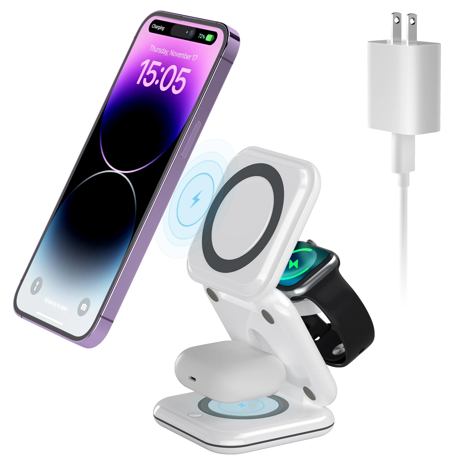 Gonat Wireless Charging Station, 3 in 1 Magnetic Wireless Charger for Apple Devices, Desk Lamp with Wireless Charger for iWatch and for Airpods, Compatible with iPhone 15/14/13/12 Series