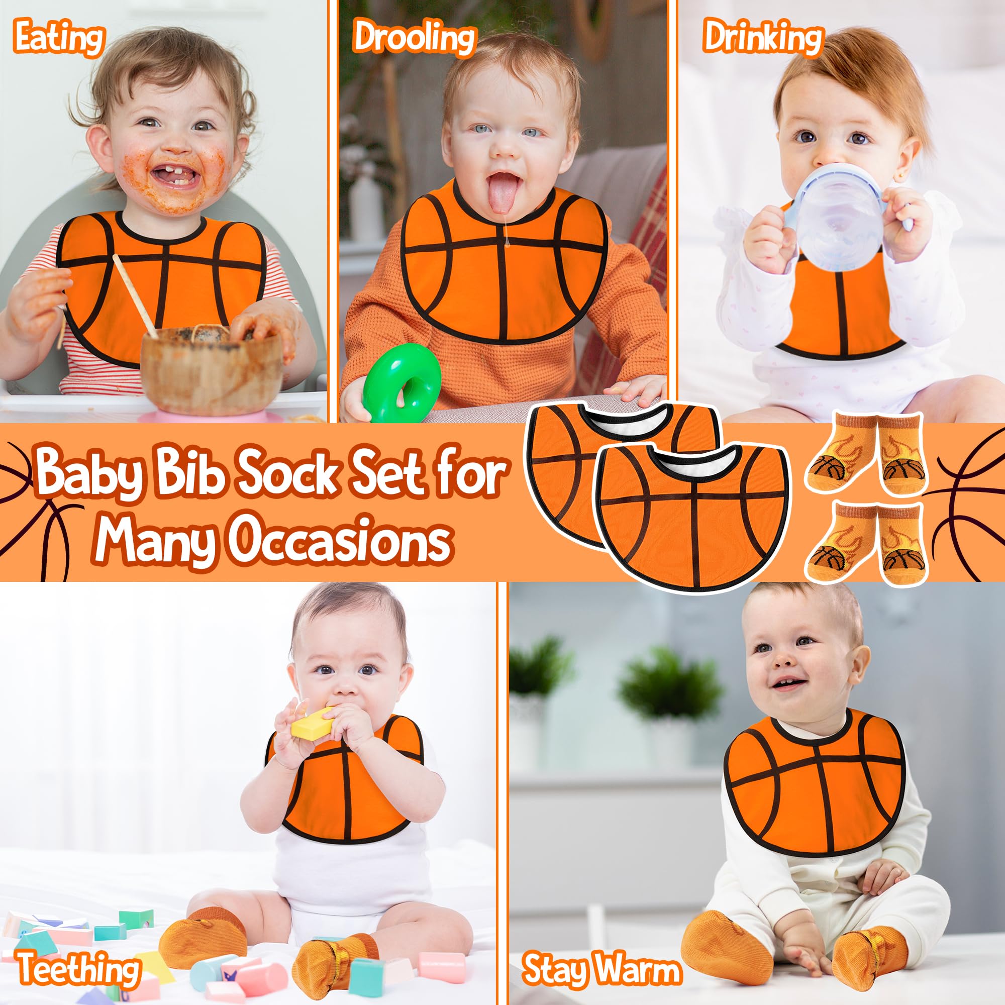 2ooya 6Pcs Basketball Cotton Waterproof Baby Bib Unisex Baby Sport Bibs with Stocking Hook Loop Closure Newborn Babies Infant Food Bib Keepsake Baby Shower Party for Drooling Feeding Eating Teething