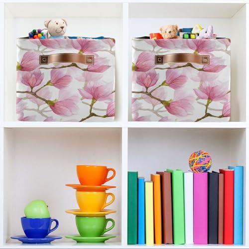 Pink Magnolia Flowers Storage Basket Bins Decorative Toy Organizer Bins Laundry Hamper Baskets with Handles for Living Room Clothes Nursery Closet Shelf Playroom,2 pcs