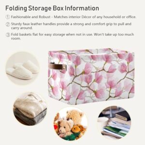 Pink Magnolia Flowers Storage Basket Bins Decorative Toy Organizer Bins Laundry Hamper Baskets with Handles for Living Room Clothes Nursery Closet Shelf Playroom,2 pcs