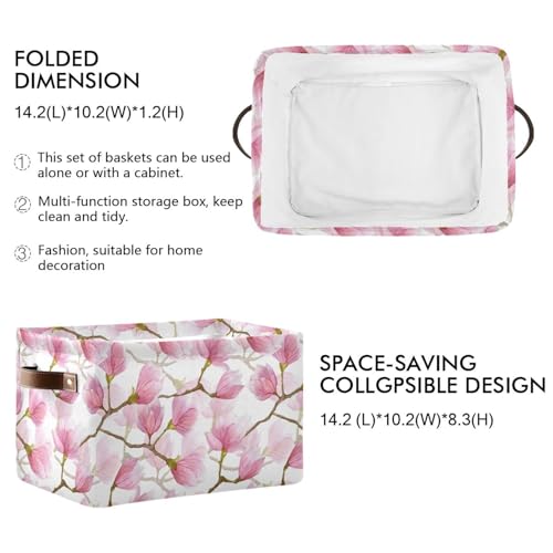 Pink Magnolia Flowers Storage Basket Bins Decorative Toy Organizer Bins Laundry Hamper Baskets with Handles for Living Room Clothes Nursery Closet Shelf Playroom,2 pcs