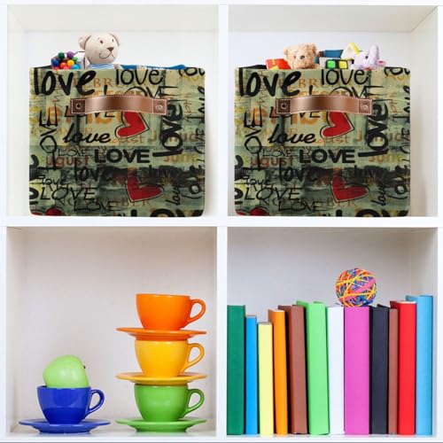 Valentine's Day Love Doodle Storage Basket Bins Collapsible Toy Storage Bins with Handles Laundry Baskets for Home Boys Girls Office Closet Shelf Nursery Baskets,1 pcs