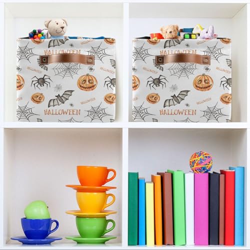 Emelivor Halloween Pumpkin Storage Basket Bins Sturdy Toy Storage Organizer Bins Laundry Basket with Handles for Home Boys Girls Office Closet Shelf Nursery Baskets,2 pcs