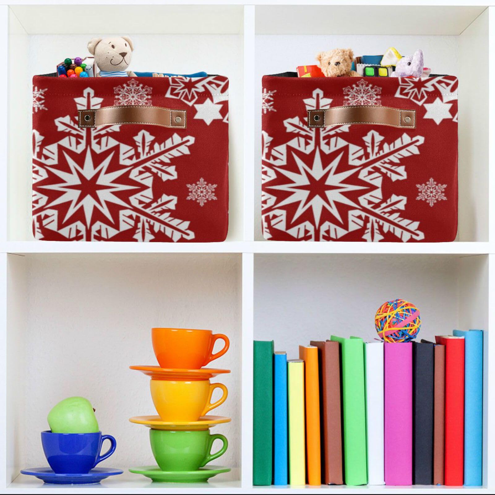 Christmas Snowflakes Red Storage Basket Bins Decorative Toy Organizer Bins Laundry Hamper Baskets with Handles for Playroom Living Bed Room Office Clothes Nursery,2 pcs