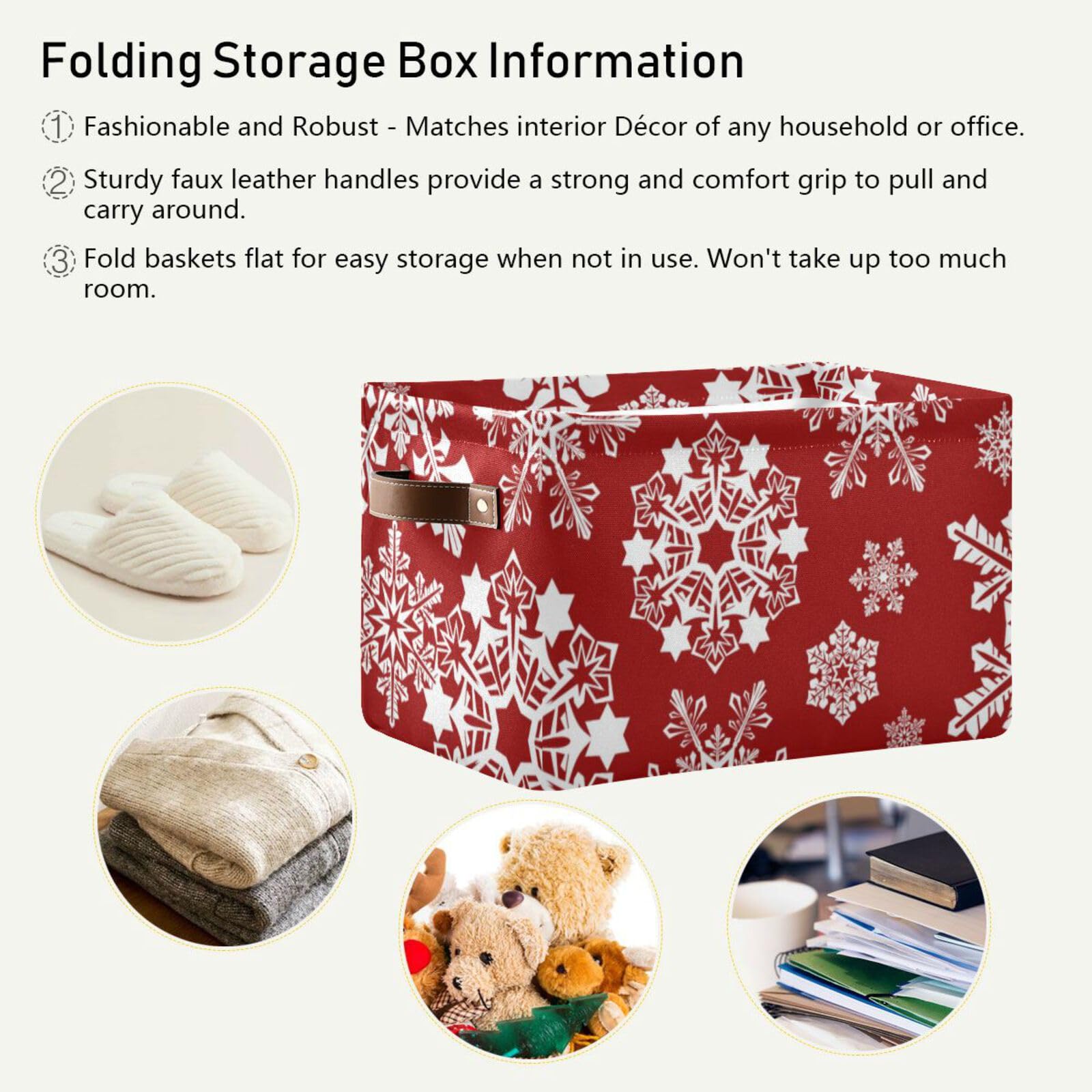 Christmas Snowflakes Red Storage Basket Bins Decorative Toy Organizer Bins Laundry Hamper Baskets with Handles for Playroom Living Bed Room Office Clothes Nursery,2 pcs