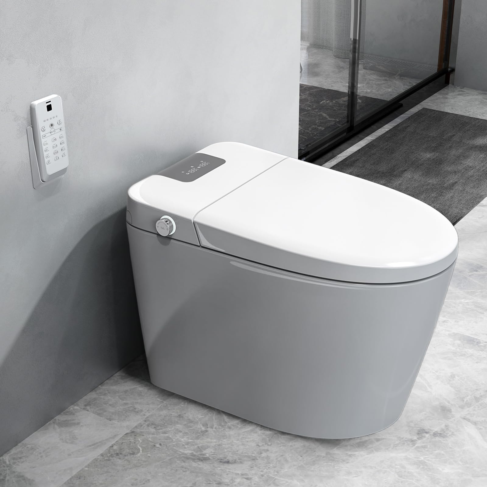 Liyarya Smart Bidet Toilet, Tankless Toilet with Built-in Bidet Seat, Modern Toilet with Foot Sensor Operation, Heated Seat, Auto Open/Close, Auto Flush, LED Light, Digital Display, Remote Control