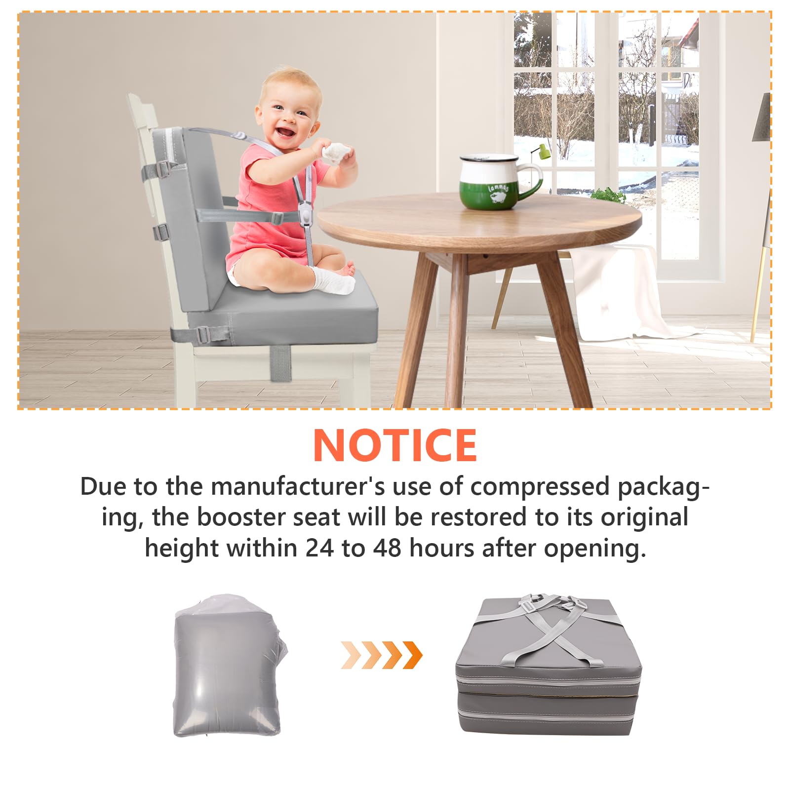 Toddler Booster Seat for Dining Table, 5 Point Buckle Child Booster Seat for Table with Backrest, PU Waterproof Easy Cleaning Dining Booster Seat Adjustable Seat Belts & Non-Slip Bottom (Grey)