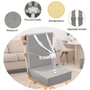 Toddler Booster Seat for Dining Table, 5 Point Buckle Child Booster Seat for Table with Backrest, PU Waterproof Easy Cleaning Dining Booster Seat Adjustable Seat Belts & Non-Slip Bottom (Grey)