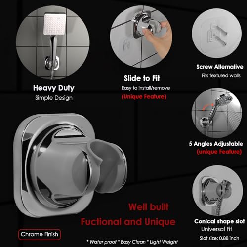 Hand held Shower Head Holder - 5 Angles Adjustable - Slide to Fit - Adhesive Screw Options for Multiple Surfaces - Minimal Shower Wand Holder (Chrome)