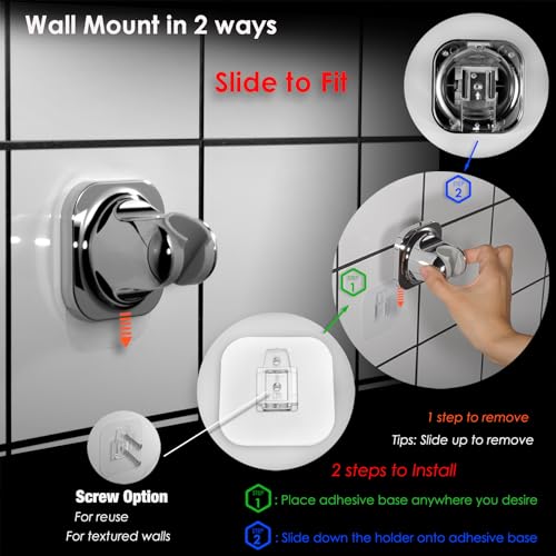 Hand held Shower Head Holder - 5 Angles Adjustable - Slide to Fit - Adhesive Screw Options for Multiple Surfaces - Minimal Shower Wand Holder (Chrome)