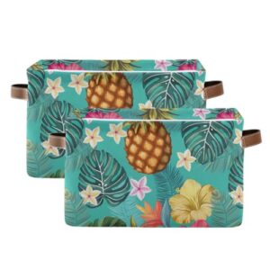 pineapple hibiscus tropical storage basket bins sturdy toy storage organizer bins laundry basket with handles for living room clothes nursery closet shelf playroom,2 pcs