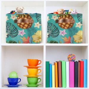 Pineapple Hibiscus Tropical Storage Basket Bins Sturdy Toy Storage Organizer Bins Laundry Basket with Handles for Living Room Clothes Nursery Closet Shelf Playroom,2 pcs