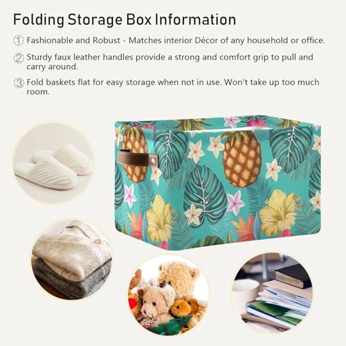 Pineapple Hibiscus Tropical Storage Basket Bins Sturdy Toy Storage Organizer Bins Laundry Basket with Handles for Living Room Clothes Nursery Closet Shelf Playroom,2 pcs