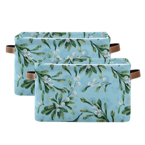 Mistletoe Branches Berries Storage Basket Bins Foldable Decorative Storage Box Laundry Hamper Baskte Storage for Bedroom Office Clothes Pet Nursery Living Room,2 pcs