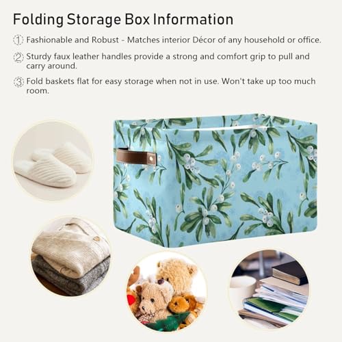 Mistletoe Branches Berries Storage Basket Bins Foldable Decorative Storage Box Laundry Hamper Baskte Storage for Bedroom Office Clothes Pet Nursery Living Room,2 pcs