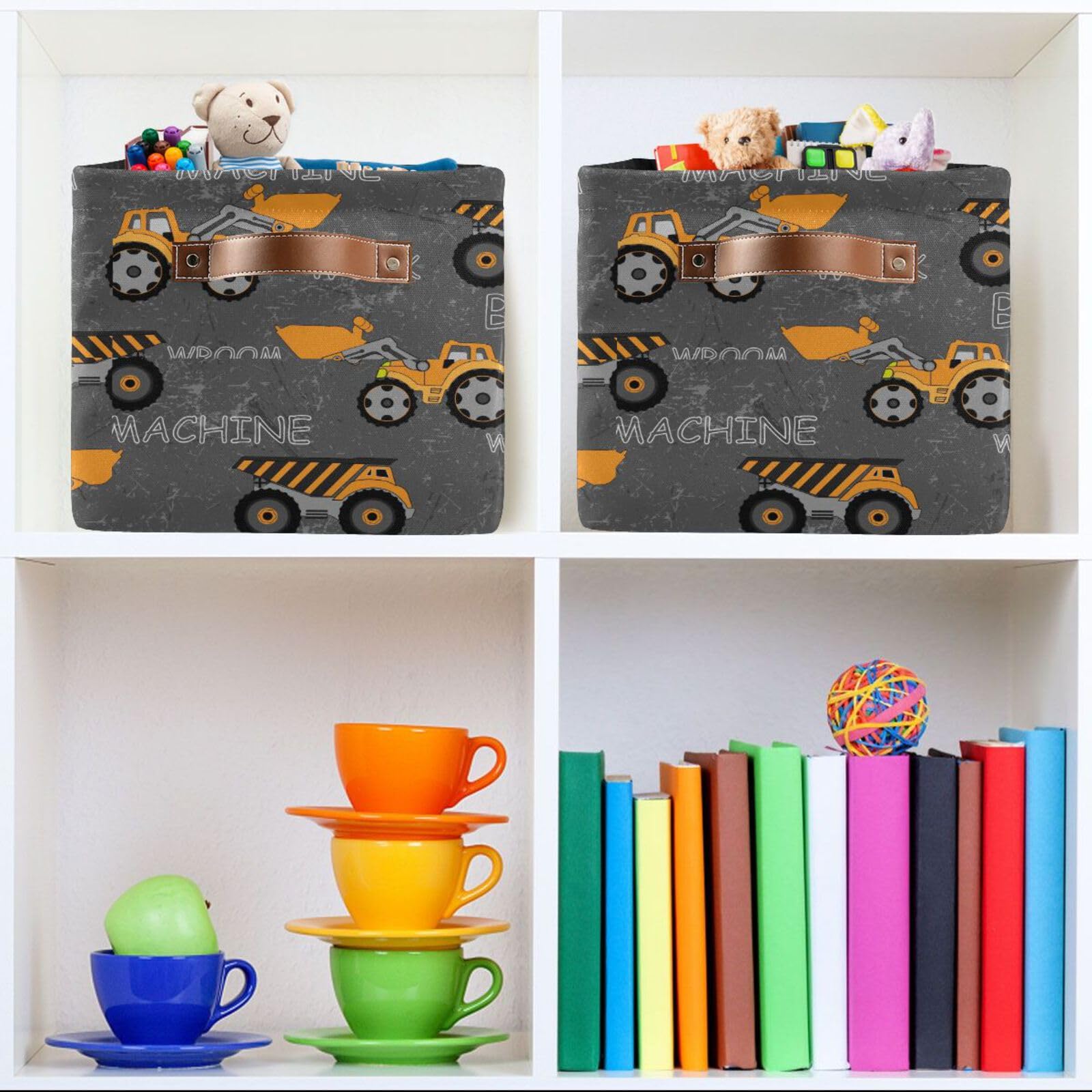 Cartoons Trucks Storage Basket Bins Sturdy Toy Storage Organizer Bins Laundry Basket with Handles for Playroom Living Bed Room Office Clothes Nursery,1 pcs