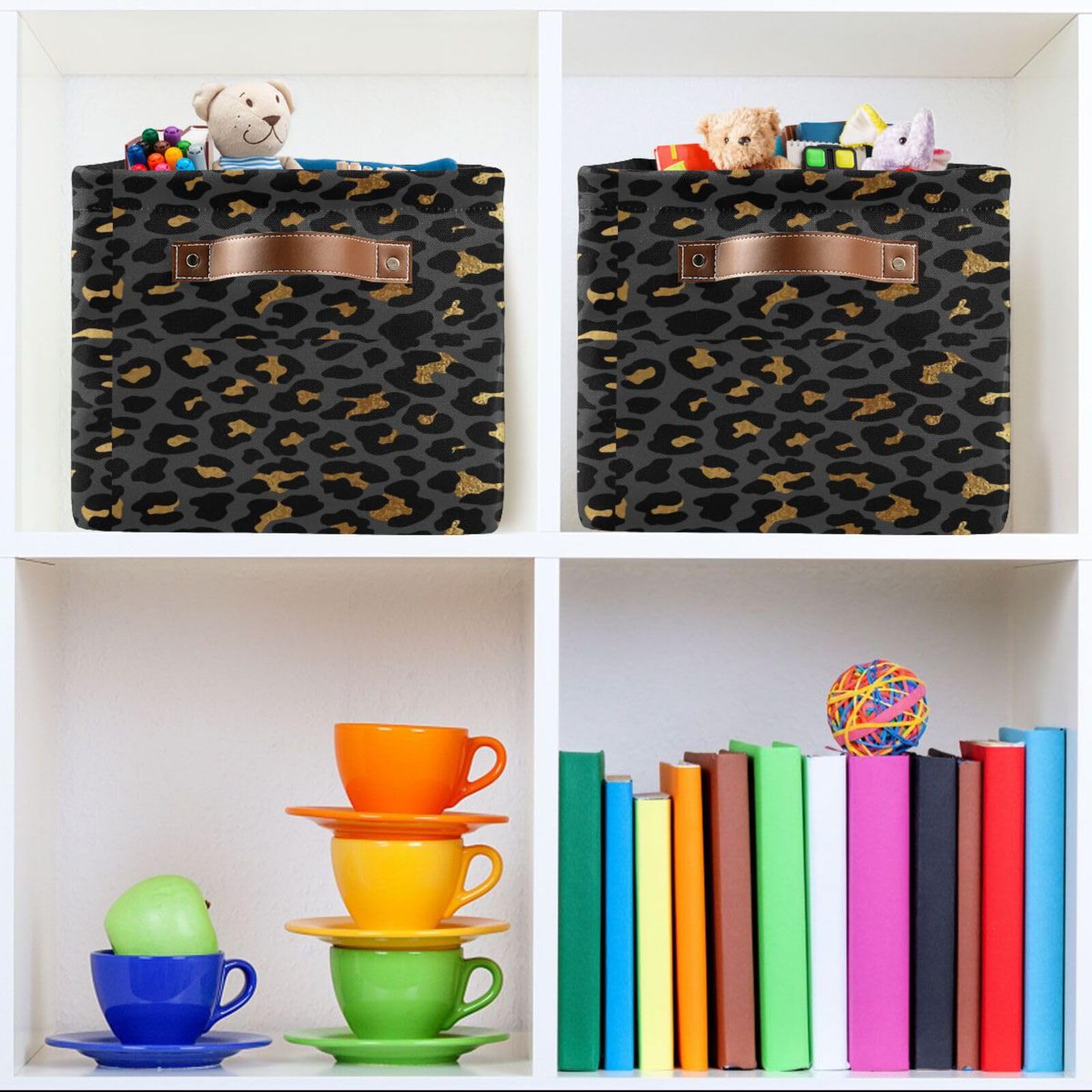 Gold Leopard Storage Basket Bins Sturdy Toy Storage Organizer Bins Laundry Basket with Handles for Living Room Clothes Nursery Closet Shelf Playroom,2 pcs