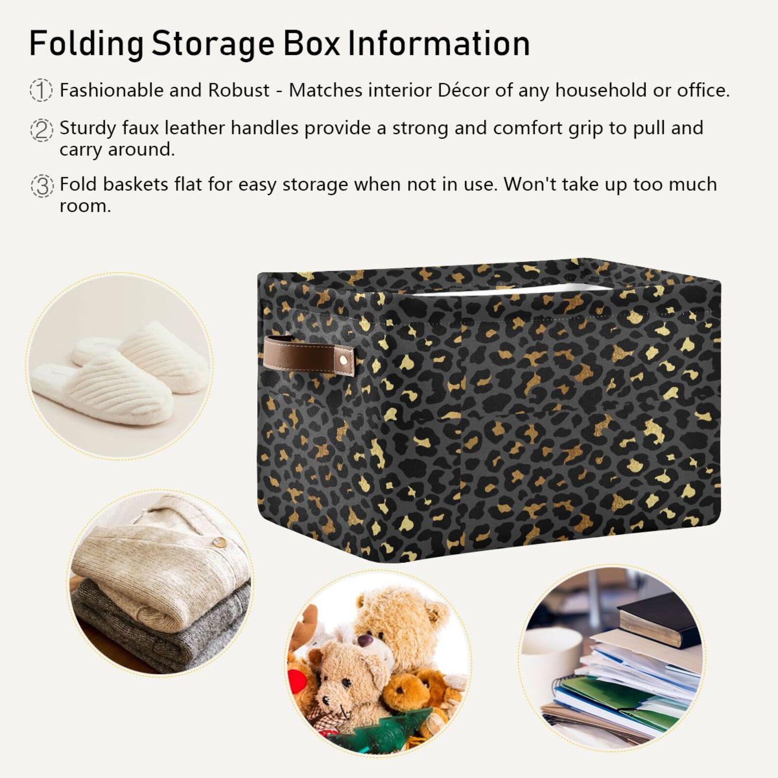 Gold Leopard Storage Basket Bins Sturdy Toy Storage Organizer Bins Laundry Basket with Handles for Living Room Clothes Nursery Closet Shelf Playroom,2 pcs