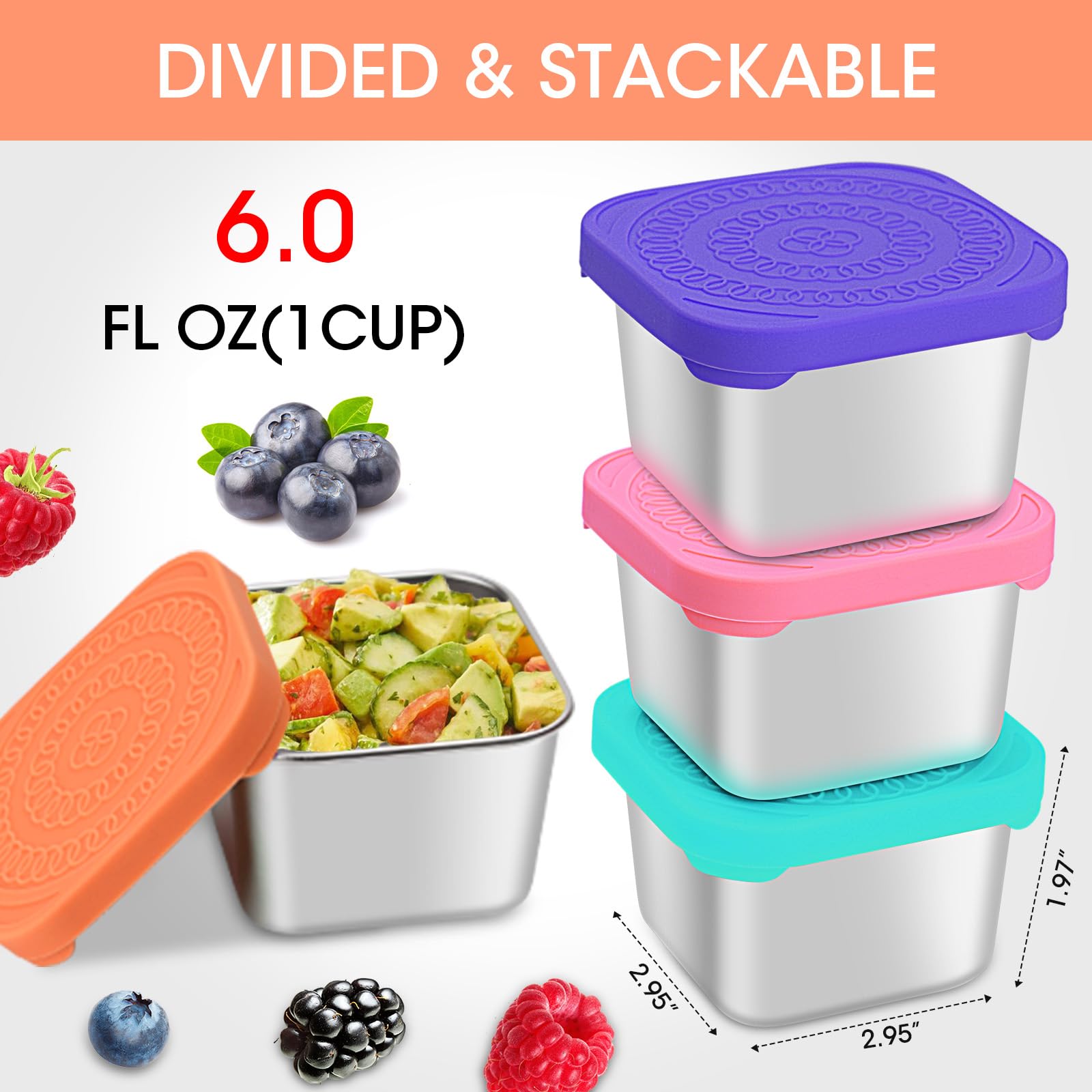 Haldane 4Pack Stainless Steel Snack Containers for Kids, Metal Food Storage Containers With Lid Snack Cups for Toddlers, Easy Open Stackable Small Lunch Box for Daycare School Travel (6oz)