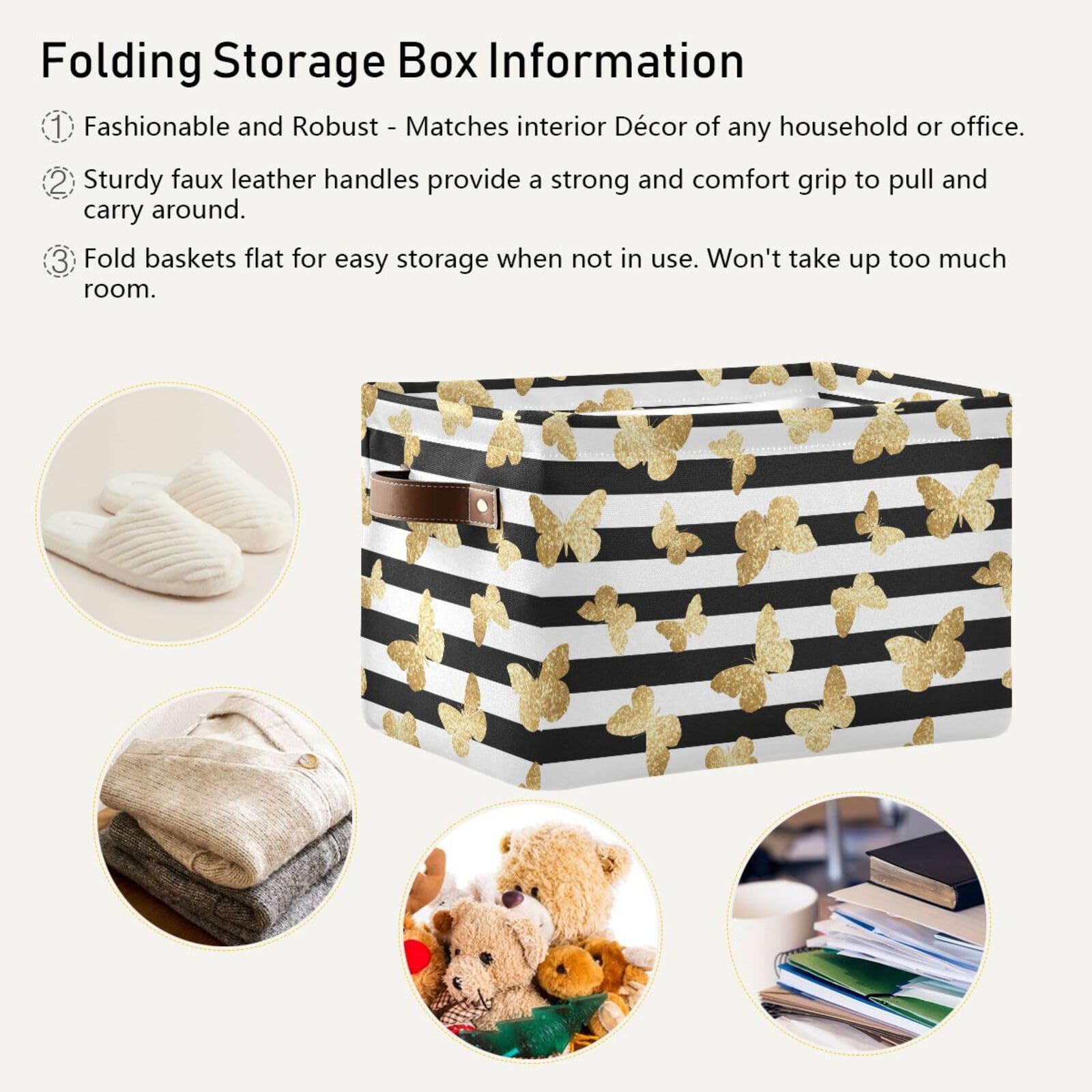 Black White Stripes Butterflies Storage Basket Bins Foldable Laundry Hamper Toy Storage Bins Box Organizer for Pet Books Clothes Makeup Nursery Closet Office,2 pcs