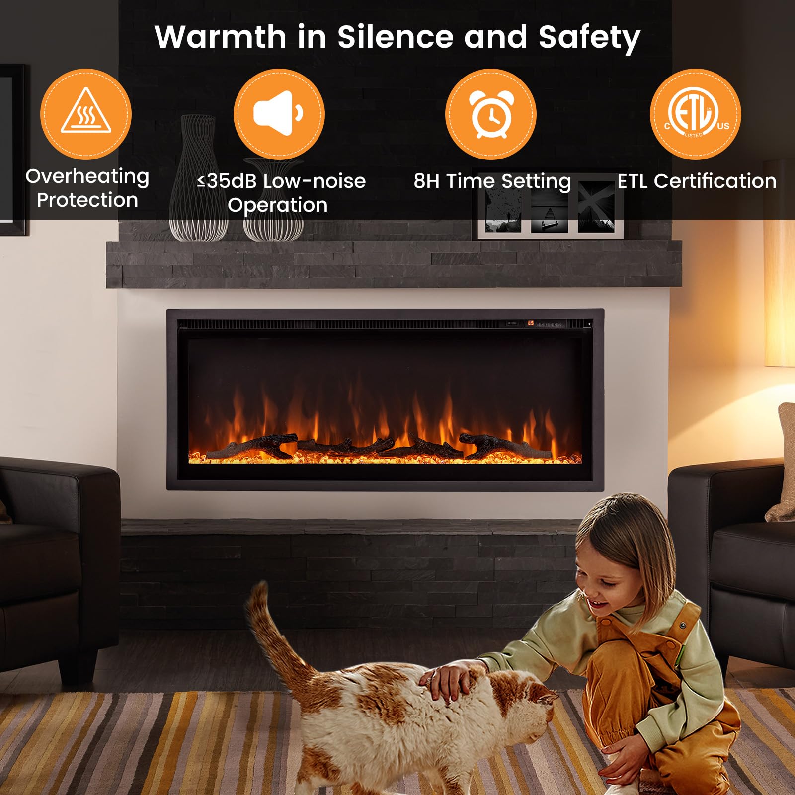 Tangkula 42 Inches Electric Fireplace in-Wall Recessed, Wall Mounted and Freestanding, 750W/1500W Linear Fireplace Heater with Remote Control, Adjustable Flame Color & Brightness (42 Inches)