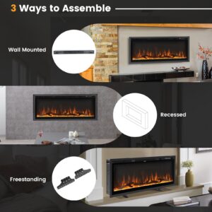 Tangkula 42 Inches Electric Fireplace in-Wall Recessed, Wall Mounted and Freestanding, 750W/1500W Linear Fireplace Heater with Remote Control, Adjustable Flame Color & Brightness (42 Inches)