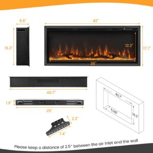 Tangkula 42 Inches Electric Fireplace in-Wall Recessed, Wall Mounted and Freestanding, 750W/1500W Linear Fireplace Heater with Remote Control, Adjustable Flame Color & Brightness (42 Inches)