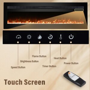 60 Inches Electric Fireplace with 20 Realistic Flames, Ultra Thin Wall Mounted Fireplace with Remote Control, Log Set & Crystals, Independent Flame and Heat Control for Year-Round Use, Black