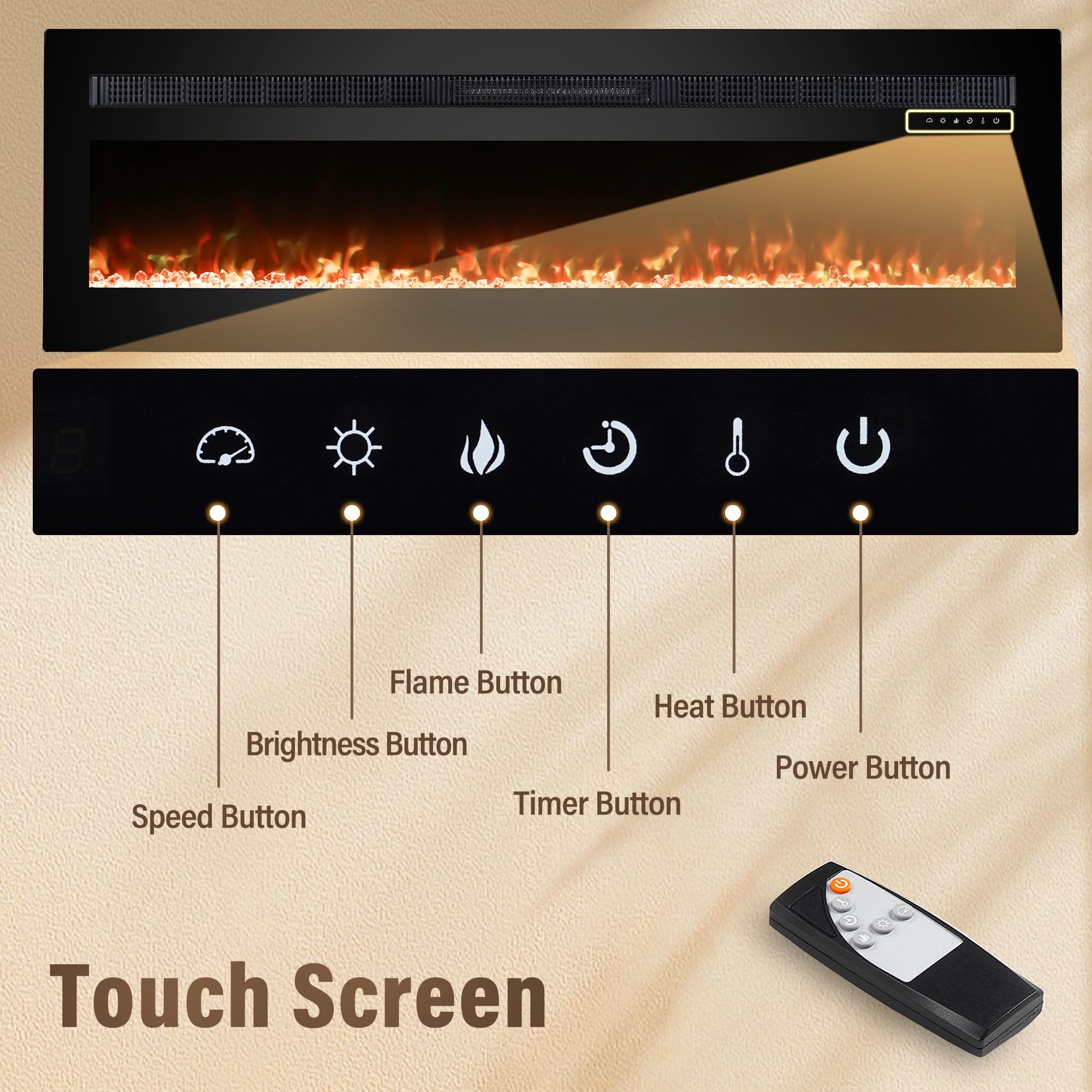 60 Inches Electric Fireplace with 20 Realistic Flames, Ultra Thin Wall Mounted Fireplace with Remote Control, Log Set & Crystals, Independent Flame and Heat Control for Year-Round Use, Black