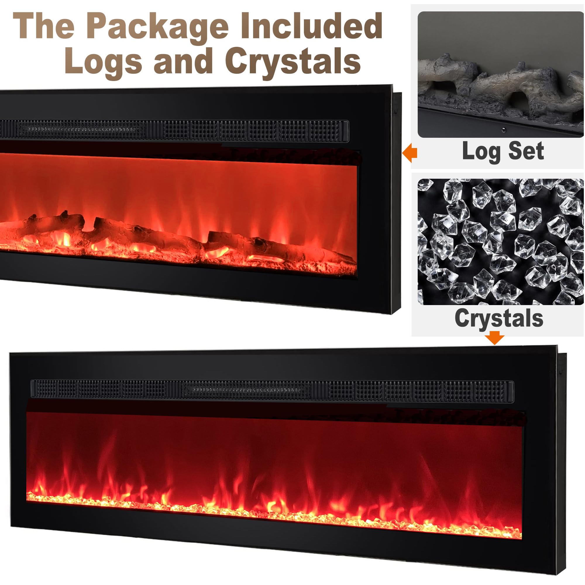 60 Inches Electric Fireplace with 20 Realistic Flames, Ultra Thin Wall Mounted Fireplace with Remote Control, Log Set & Crystals, Independent Flame and Heat Control for Year-Round Use, Black