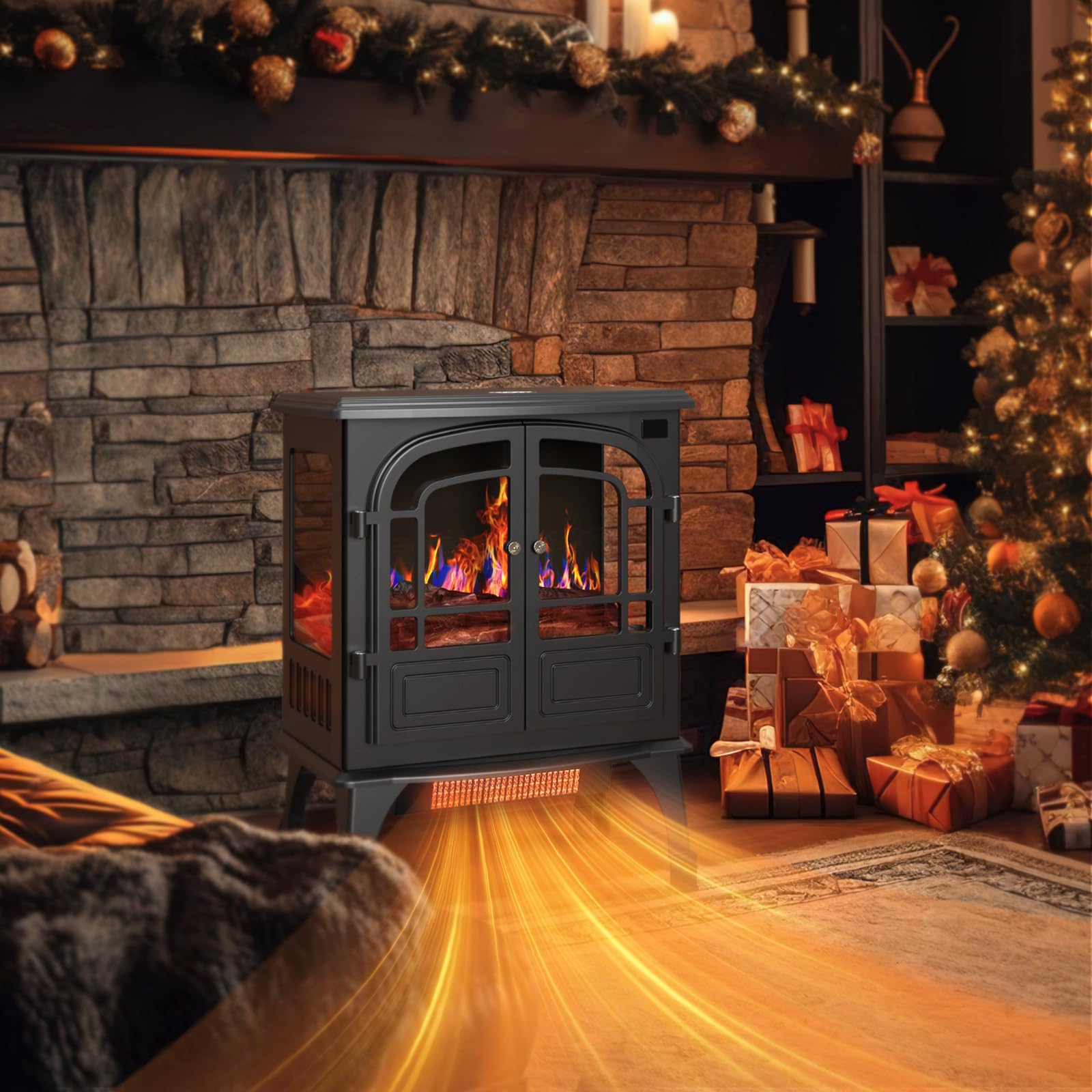 WARMTOO Electric Fireplace Freestanding Fireplace Stove 24 Inch PTC Heater with Realistic Flame,Remote Control, Timer, 5 Brightness Adjustments, Over Heating Protection