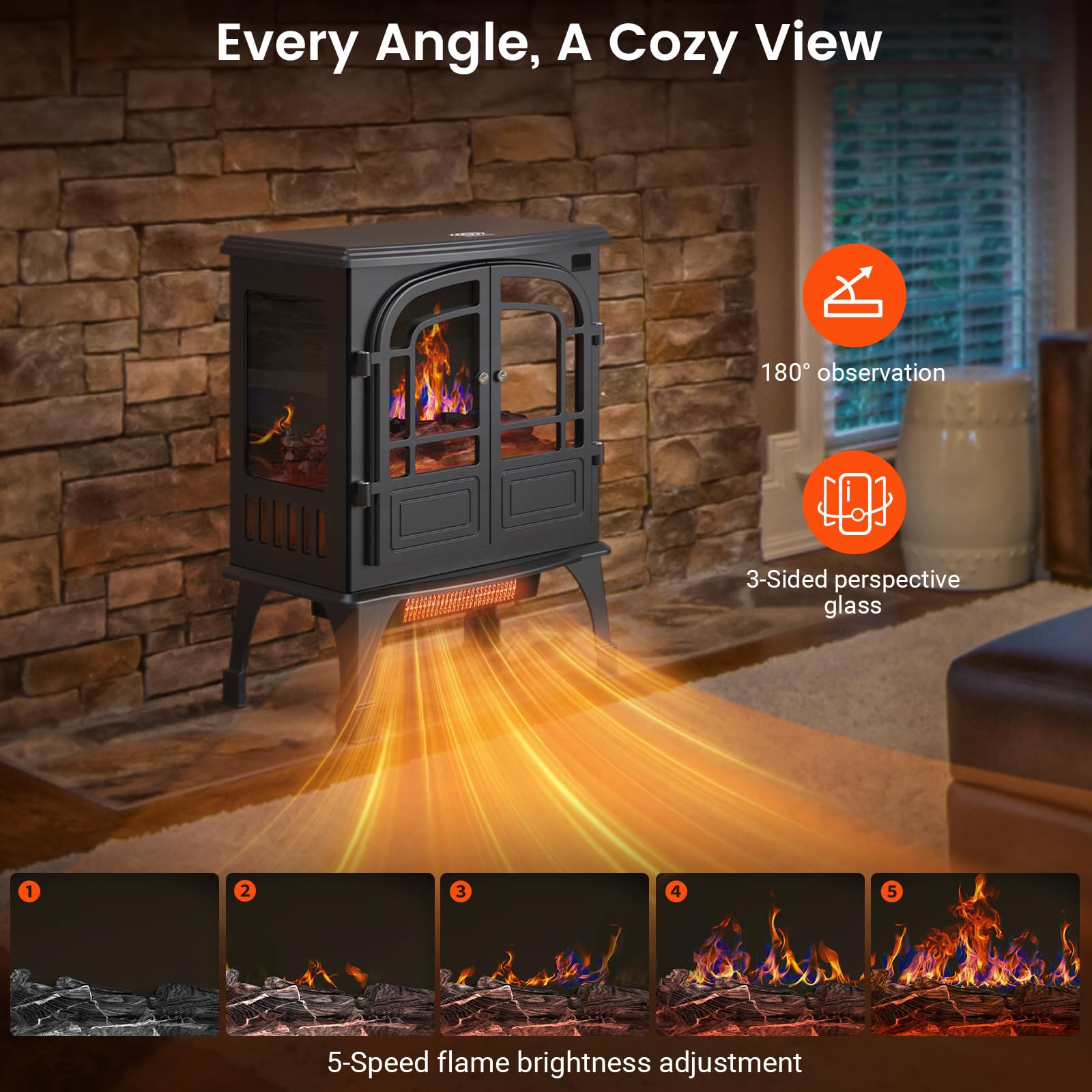 WARMTOO Electric Fireplace Freestanding Fireplace Stove 24 Inch PTC Heater with Realistic Flame,Remote Control, Timer, 5 Brightness Adjustments, Over Heating Protection